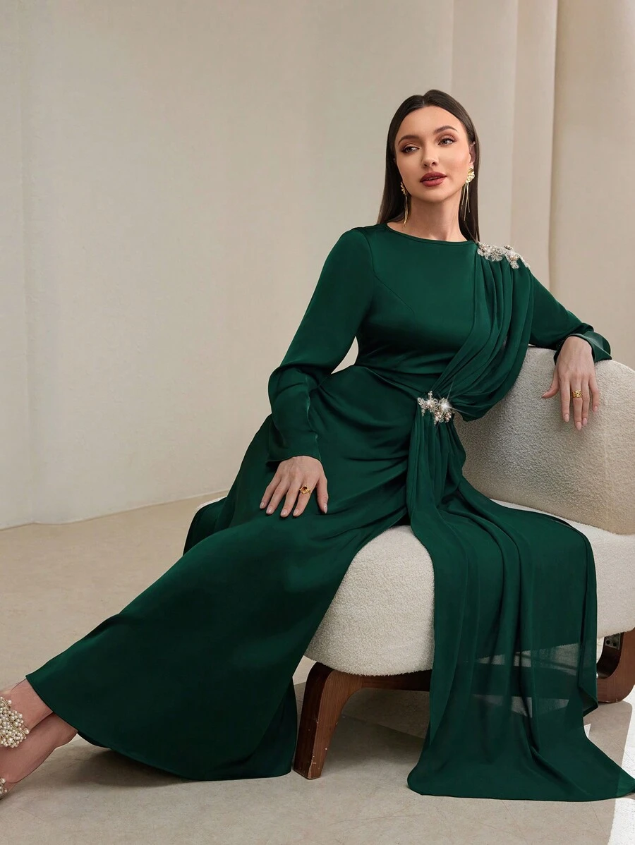 Modelyn Women Elegant Solid Color Beaded Embroidered Dress Long Evening Dresses | SHEIN USA