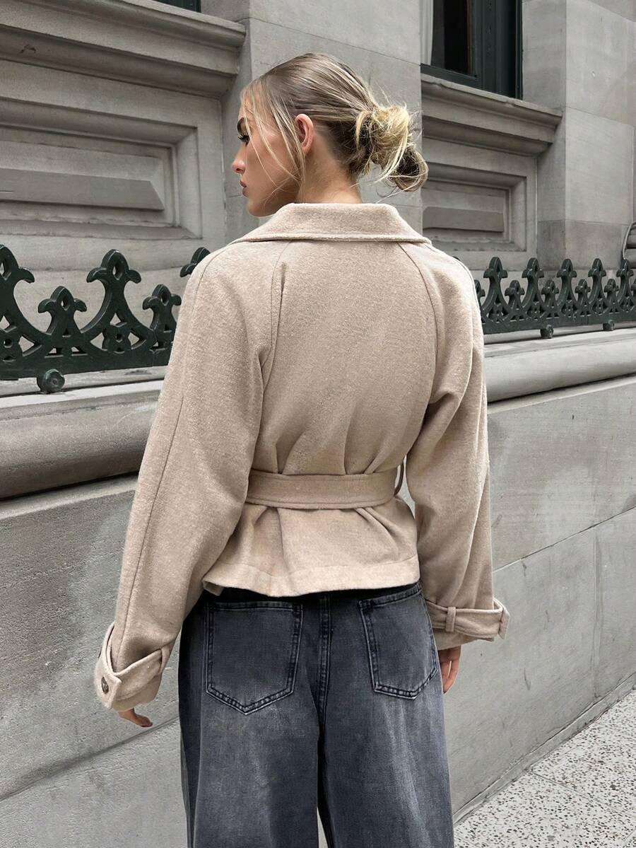 SHEIN Double Breasted Shell Belted Short Overcoat Jacket | SHEIN USA