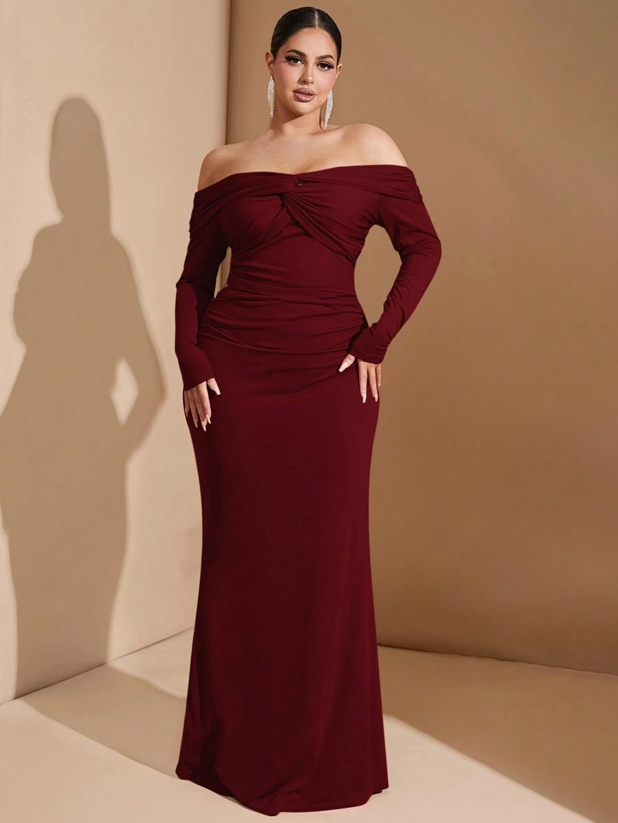 SHEIN BAE Plus Size Women's Elegant Party & Date Night Outfit, Red Off Shoulder Twist Asymmetric ...