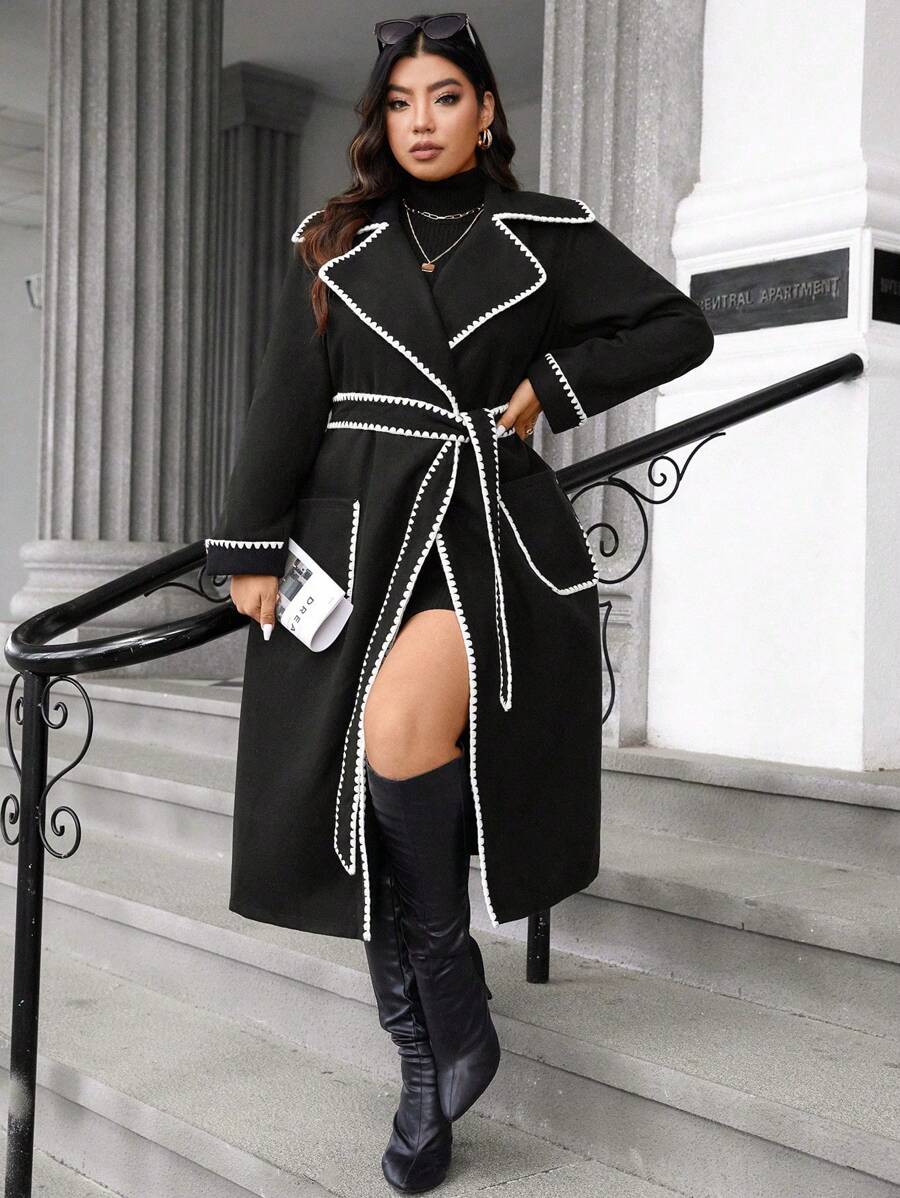 Celure Plus Size Women's Contrast Trim Turn-Down Collar Long Sleeve ...