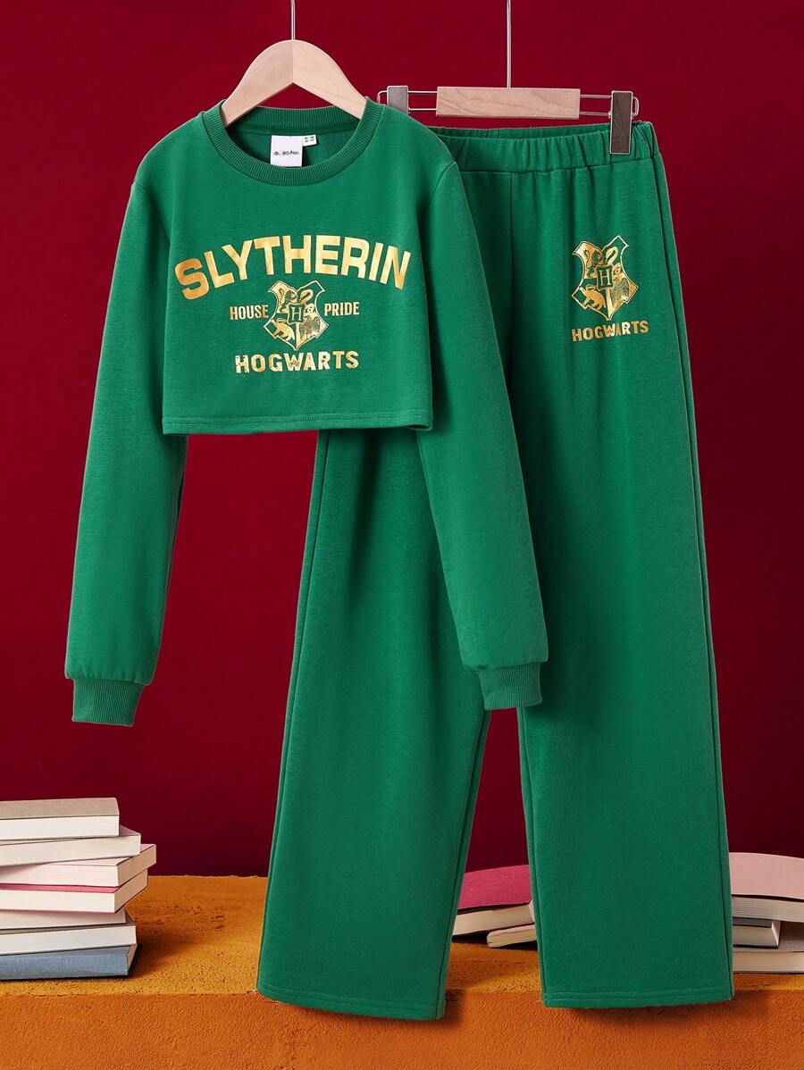 HARRY POTTER X SHEIN Tween Girls Y2K Sports College Style Casual Green ...