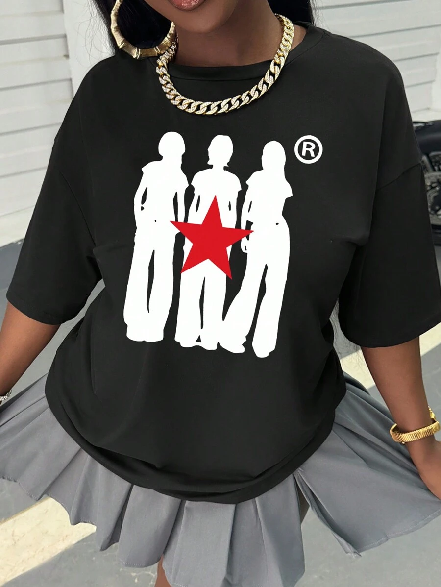 SHEIN Women Summer Casual Character Print Short Sleeve T-Shirt Graphic ...