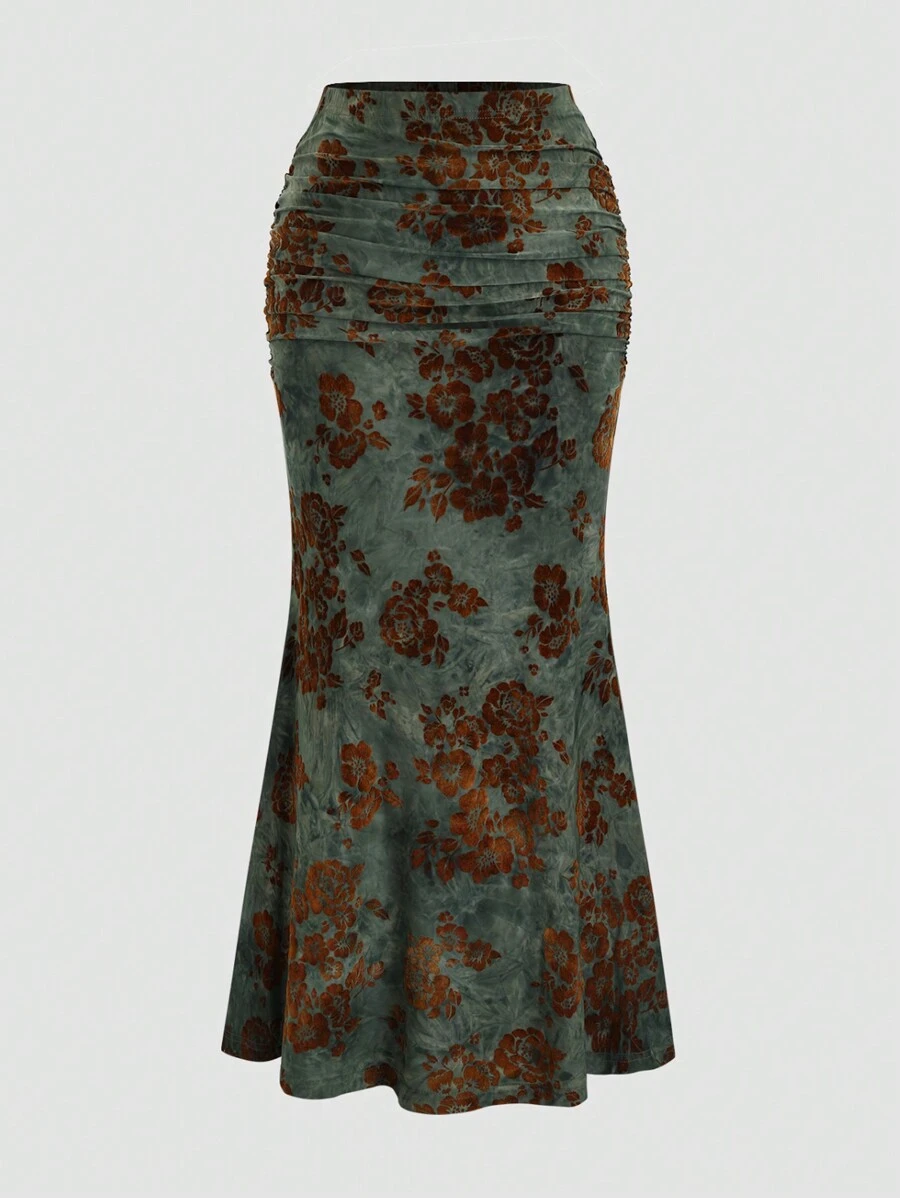 Sweetra Women's Vintage Flocked Print Fish Tail Skirt For Autumn/Winter ...