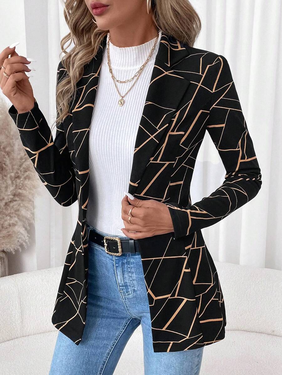 Editum 1pc Women Elegant Geometric Pattern Collar Fitted Long Sleeve ...