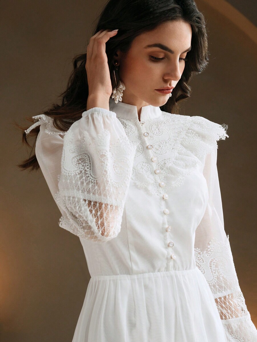Anewsta Elegant Floral Embroidered Collar Mid Length Dress For Women Springautumn Maxi Women