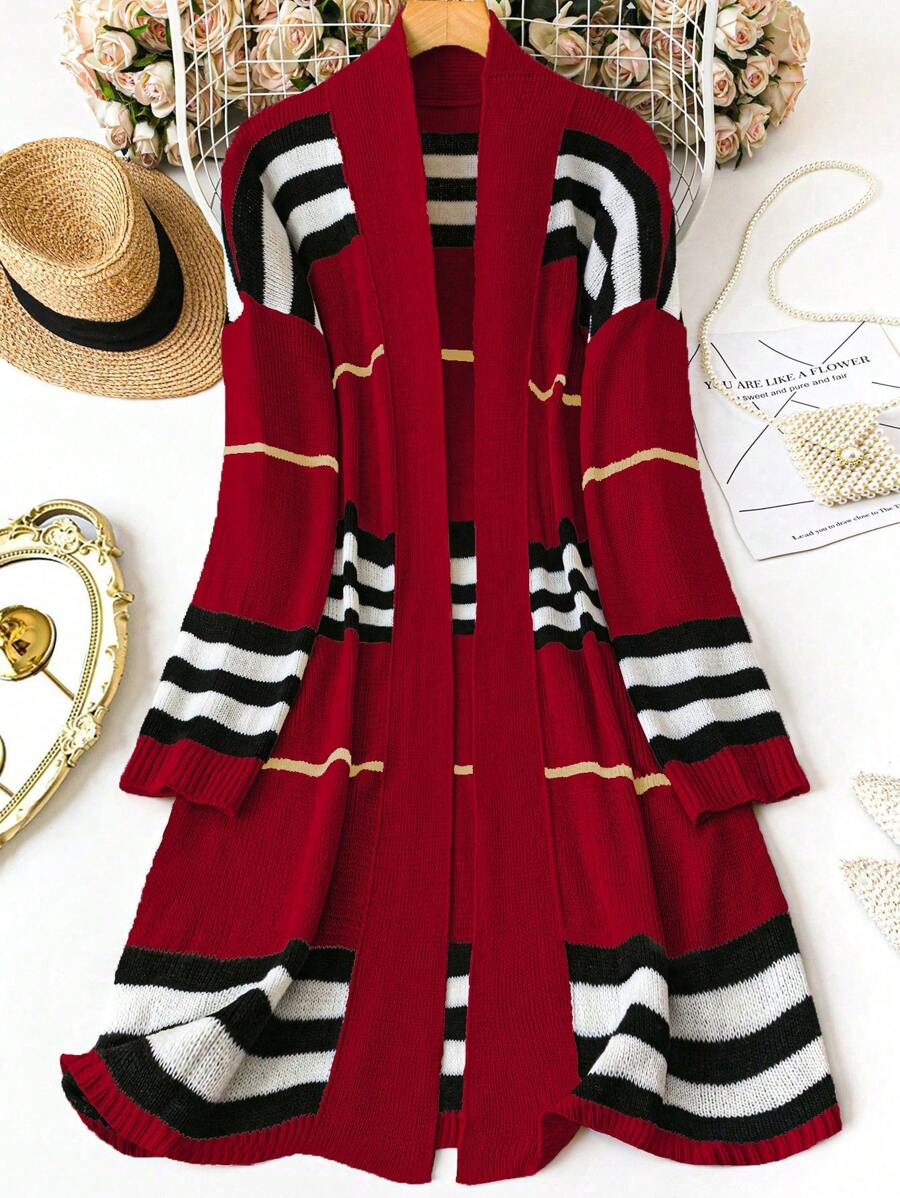SHEIN LUNE Plus Size Color Block Stripe Print Casual Versatile Long ...