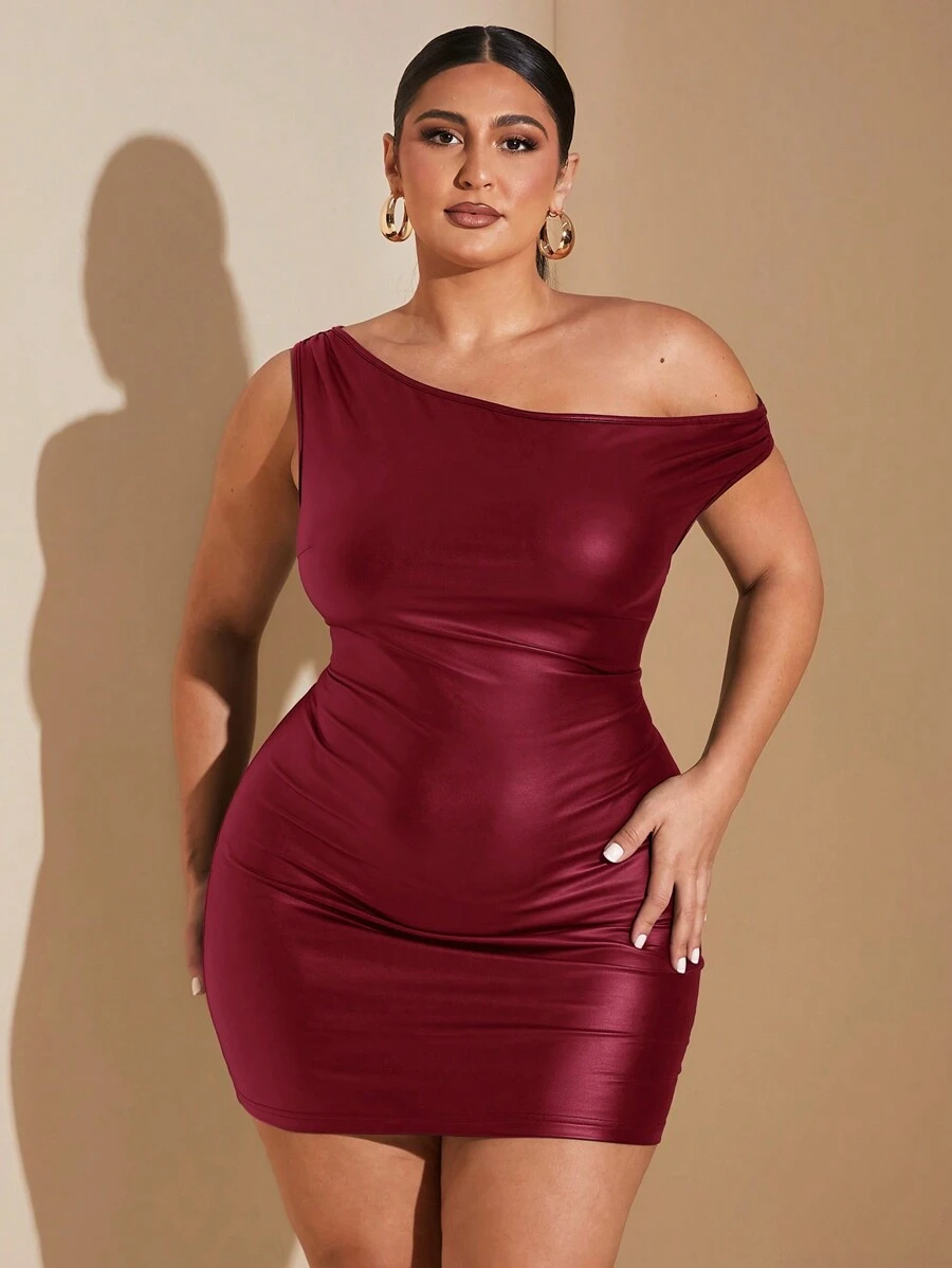SHEIN BAE Plus Size Curve Women's Solid Simple & Versatile PU Fabric Asymmetrical Shoulder ...