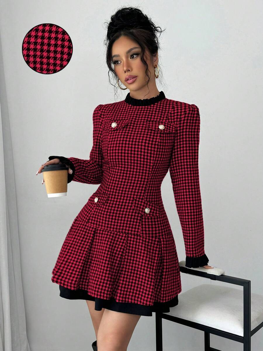Chiquease Women Elegant Patchwork Plaid Cinched Waist Midi Dress ...