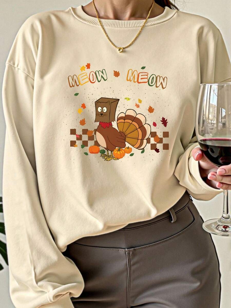 SHEIN EZwear Thanksgiving Turkey Graphic Print Crew Neck Pullover ...