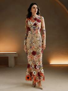 Anewsta Women Elegant Mesh Flower Embroidery Long Dress, Autumn Maxi Women Outfit | SHEIN USA