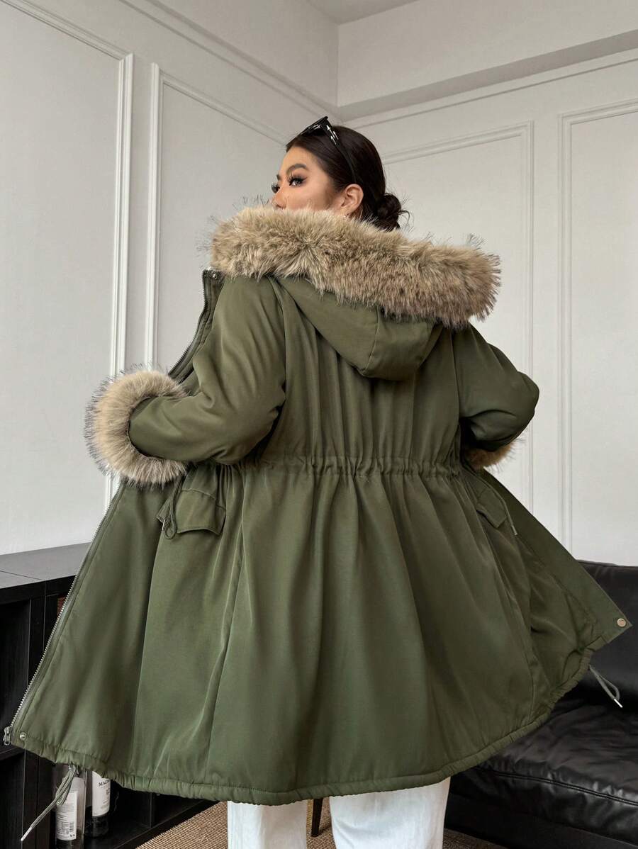 SHEIN Essnce Plus Size Hooded Thermal Lined Winter Parka Jacket With Fur Collar | SHEIN UK