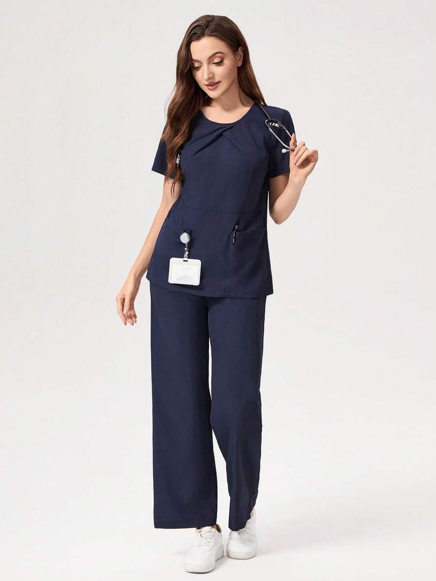 TaskEZ Women 2pcs Simple Double Pocket Short Sleeve Top & Pants Nurse ...