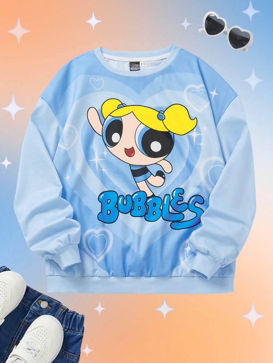 THE POWERPUFF GIRLS X SHEIN Tween Girl Cartoon Heart Print Blue Fresh ...
