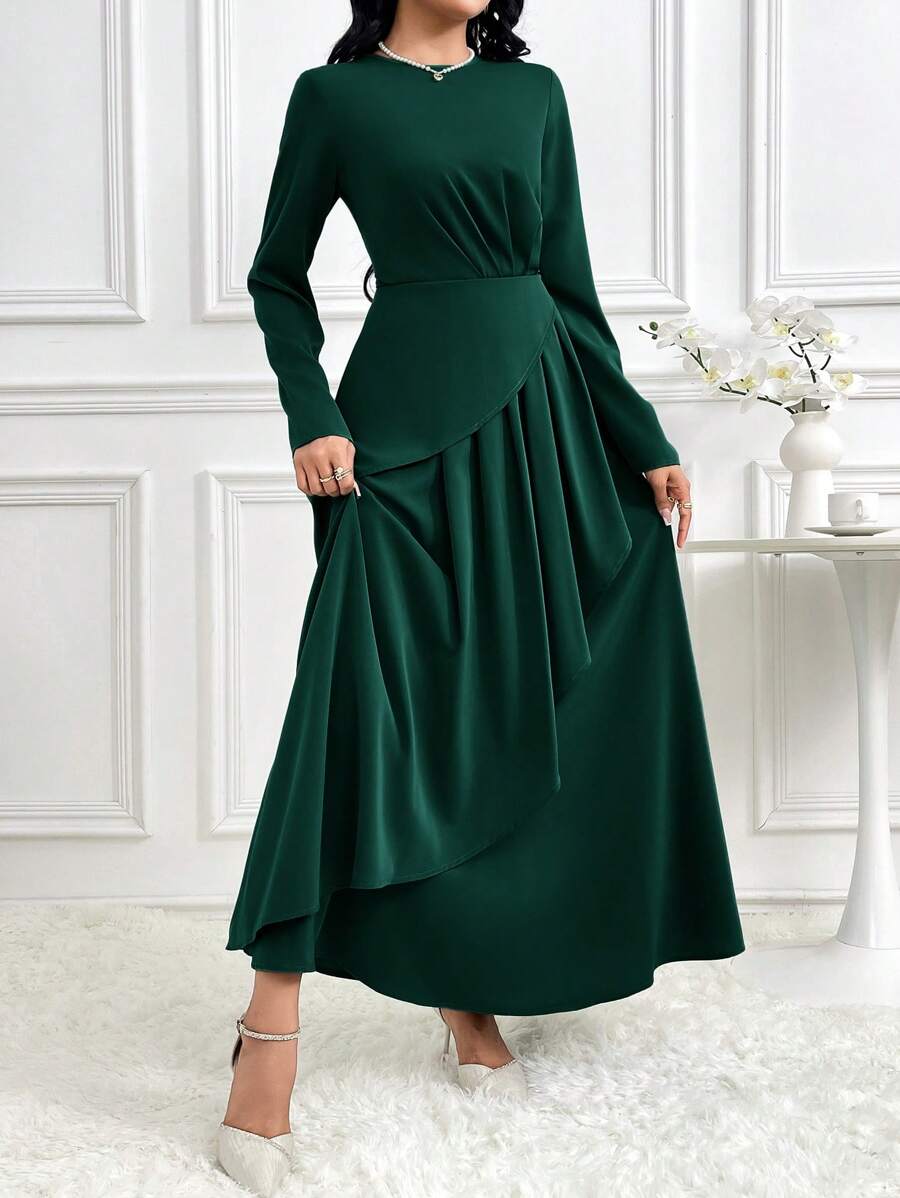 SHEIN Modely Women's Solid Color Round Neck Long Sleeve Pleated Minimalist Casual Long Dress ...