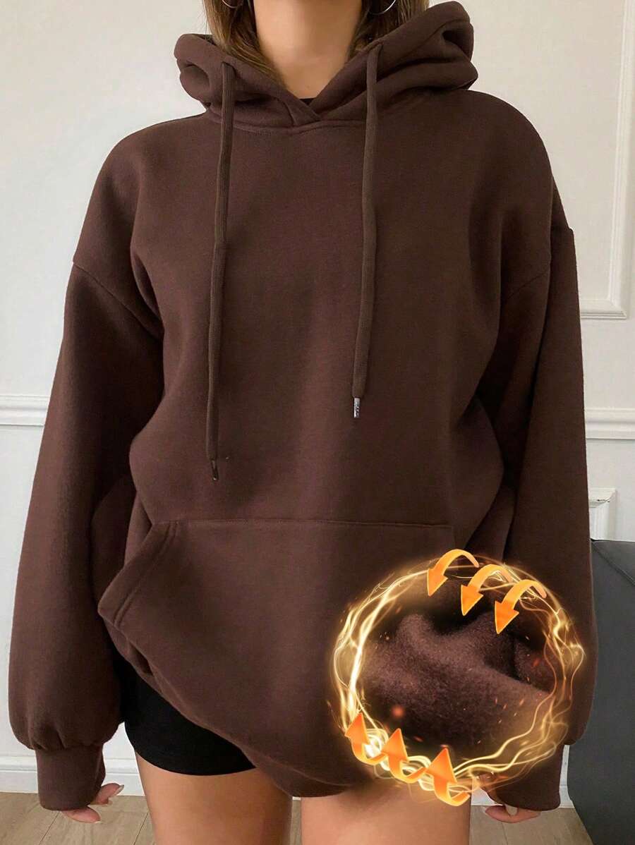 DAZY Women Solid Color Drop Shoulder Long Sleeve Drawstring Hooded Casual Sweatshirt, Autumn ...