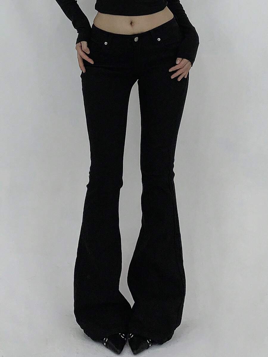 DAZY Women's Tight Fit Low Waist Black High Stretch Flare Jeans | SHEIN USA