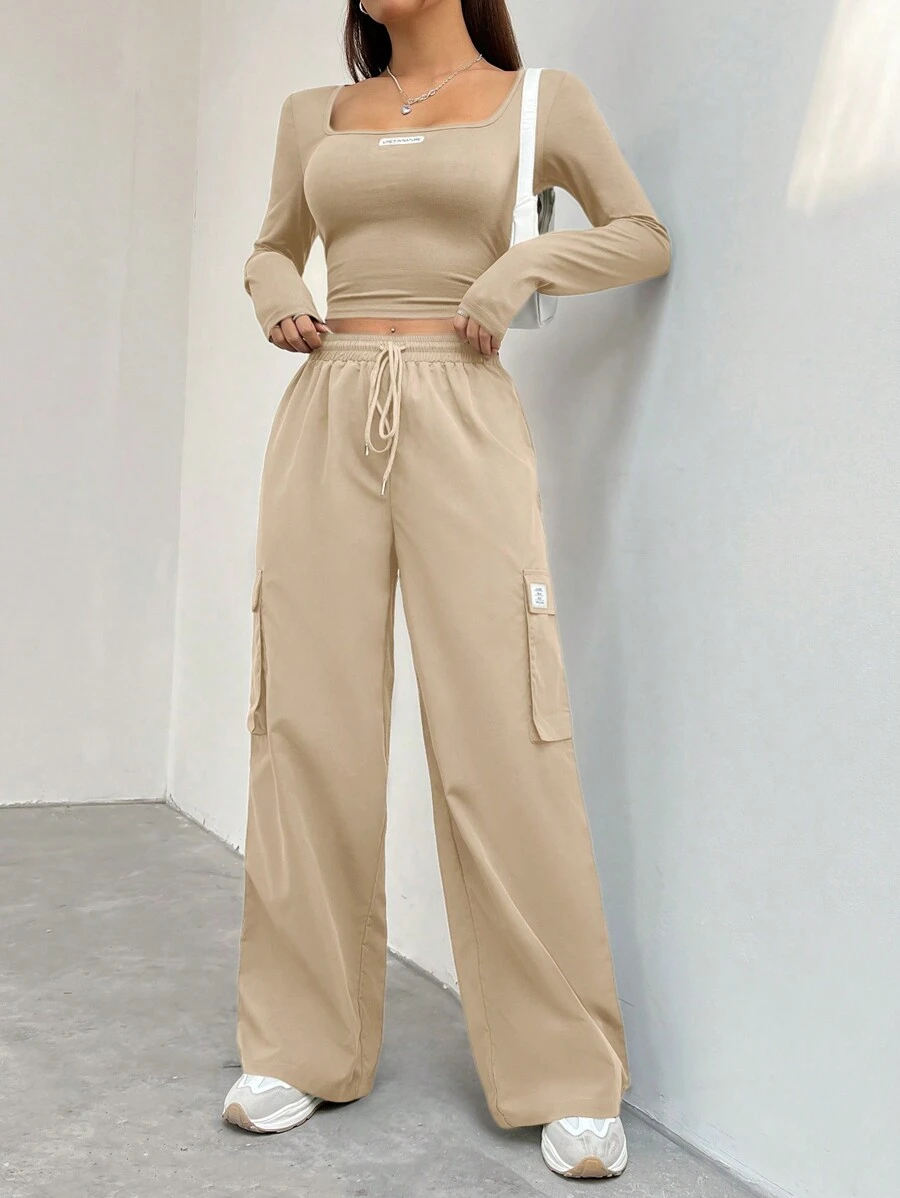 SHEIN EZwear Women Minimalist Long Sleeve Top And Front Tie Wide Leg ...