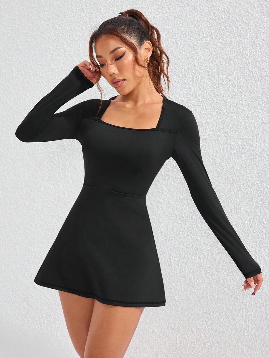 SHEIN Sport Easify Women Square Neck Bodycon Long Sleeve Black Active Dress | SHEIN EUR