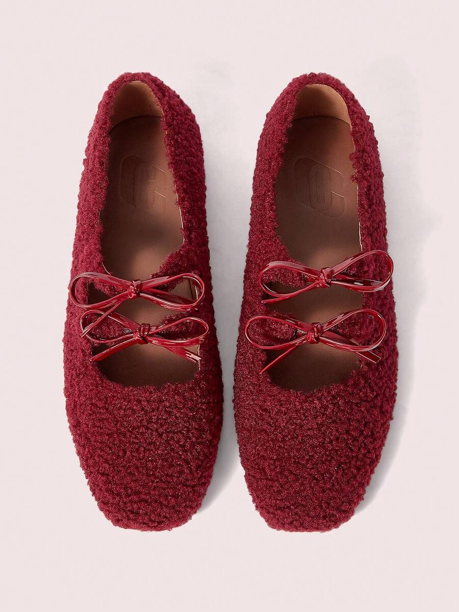 CUCCOO DOLLMOD Women Square Toe Fluffy Red Mary Jane Flat Shoes With ...