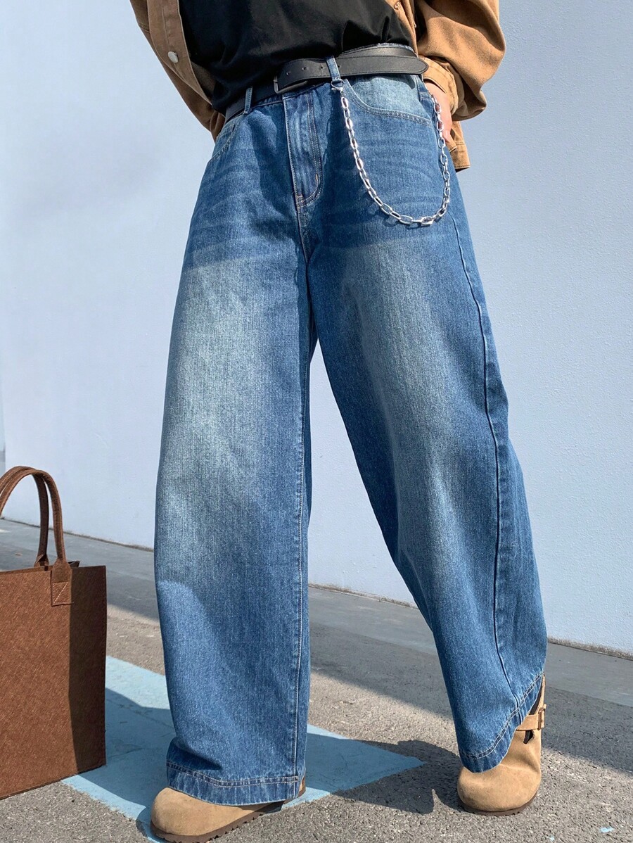 Manfinity Hypemode Men's Light Blue Washed Wide Leg Loose Fit Jeans ...