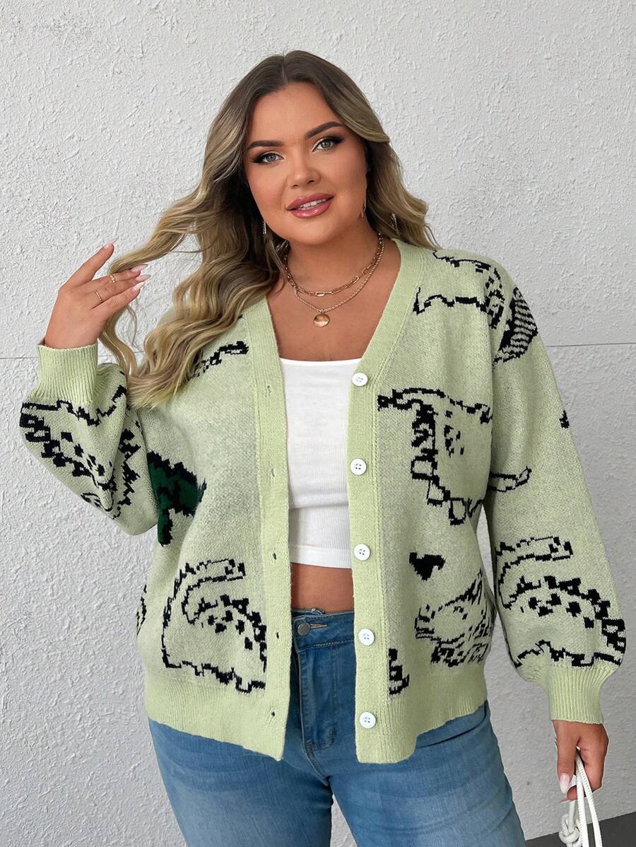 SHEIN CURVE+ Cardigan en jacquard tricoté avec motif de dinosaure pour ...