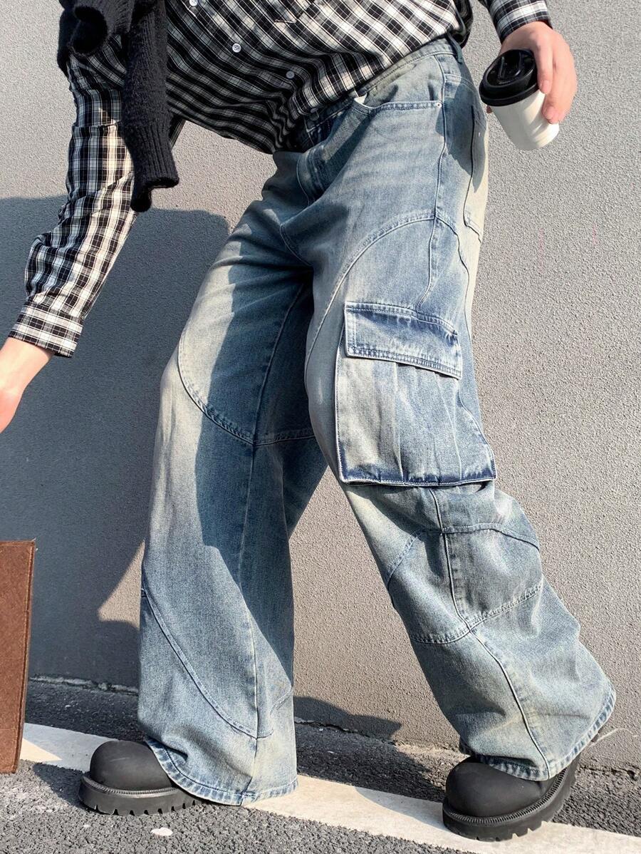 Manfinity EMRG Men's Light Blue Washed Denim Cargo Pants, Loose Fit ...