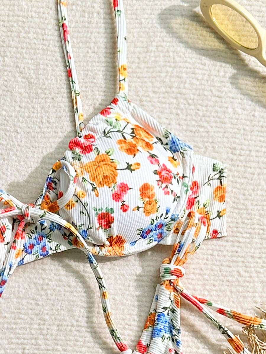 SHEIN Swim Ladies Spaghetti Strap Floral Print Bikini Top And Tie-Side ...