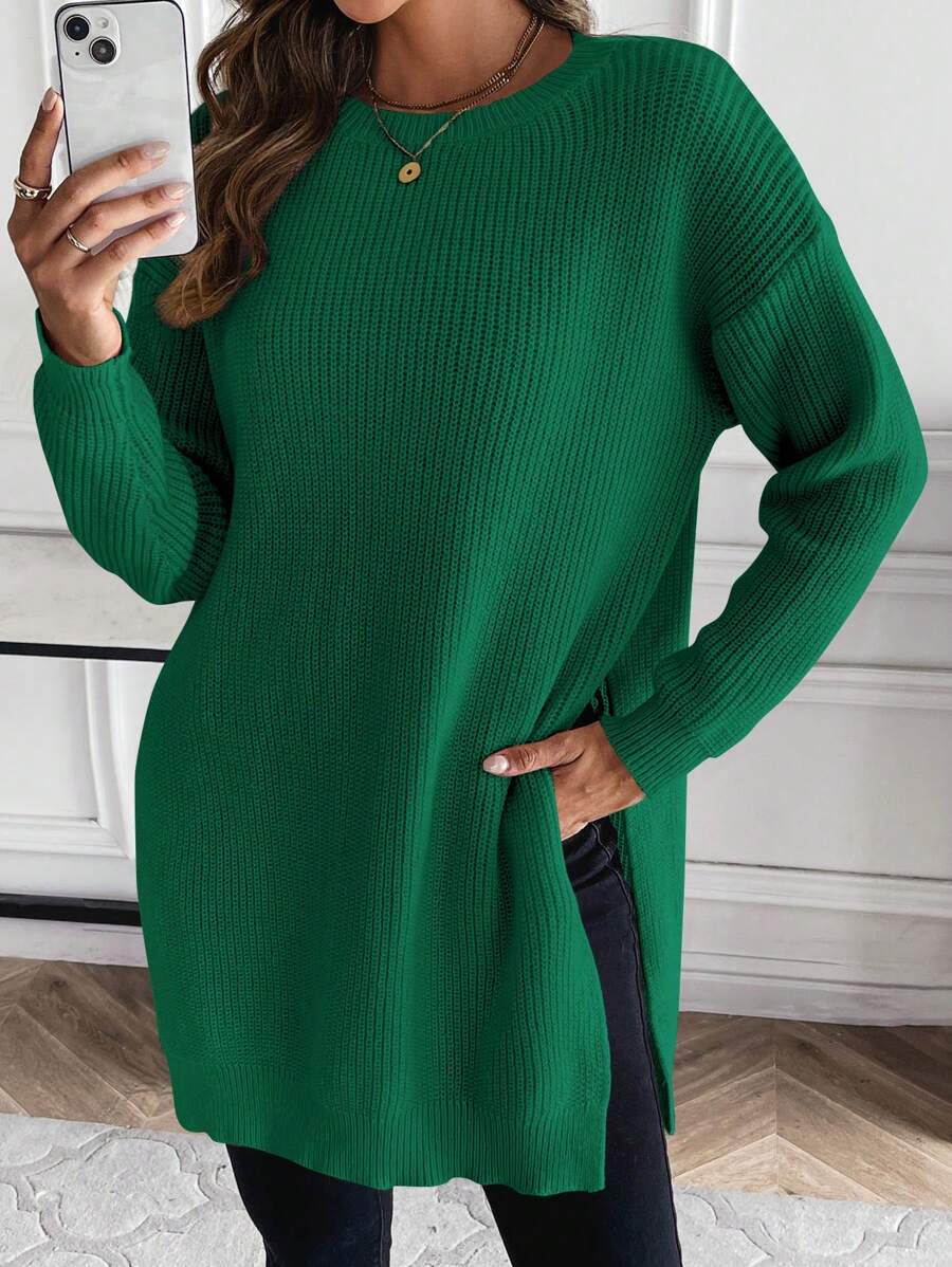 SHEIN LUNE Suéter de cuello redondo, manga larga y bajo con abertura ...