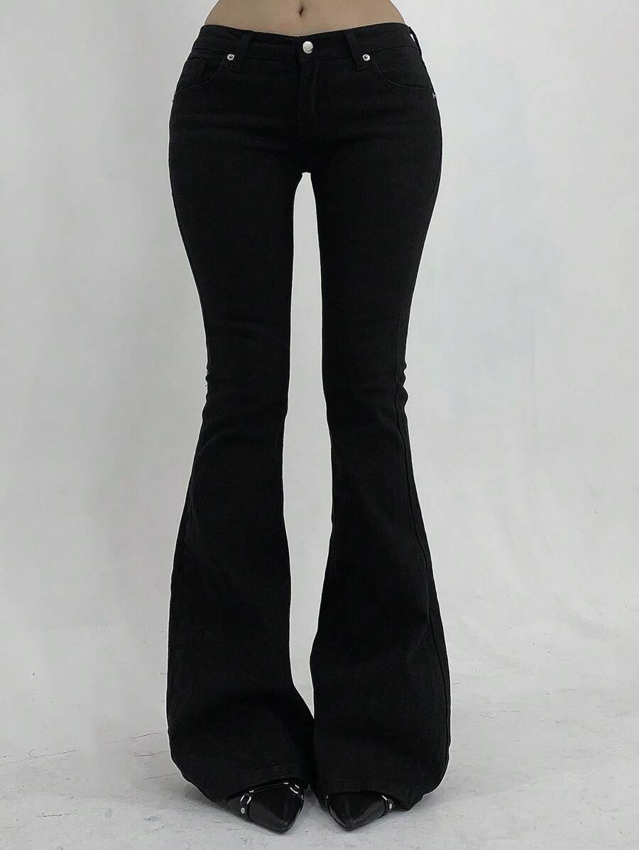 DAZY Women's Tight Fit Low Waist Black High Stretch Flare Jeans | SHEIN USA