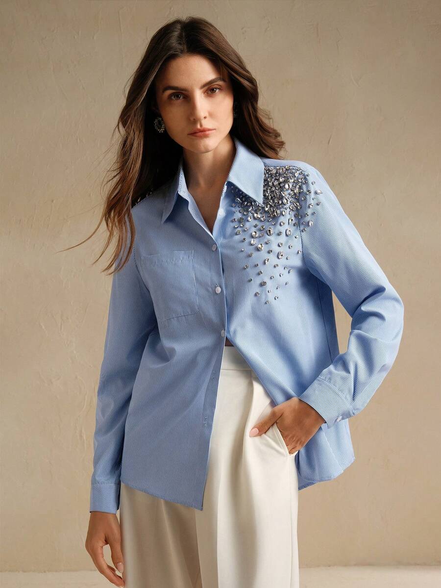 Anewsta Women's Elegant Handmade Rhinestone Embellished Striped Blouse ...