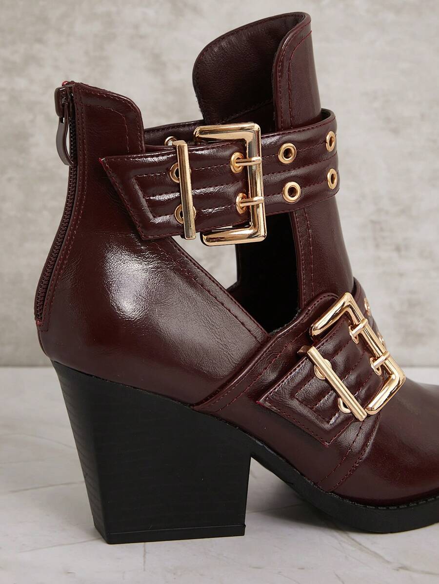 SHUZIA Women's Burgundy Pat Chunky Buckle Cut-Out Ankle Boots - Snip ...