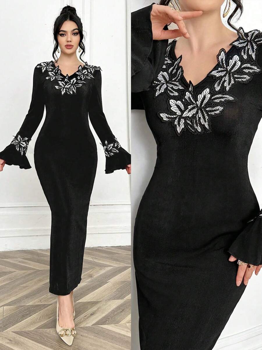 Modelyn 女性用Vネック フレアスリーブ fitted エレガントな長袖花柄ロングドレス イブニングドレス | SHEIN JAPAN