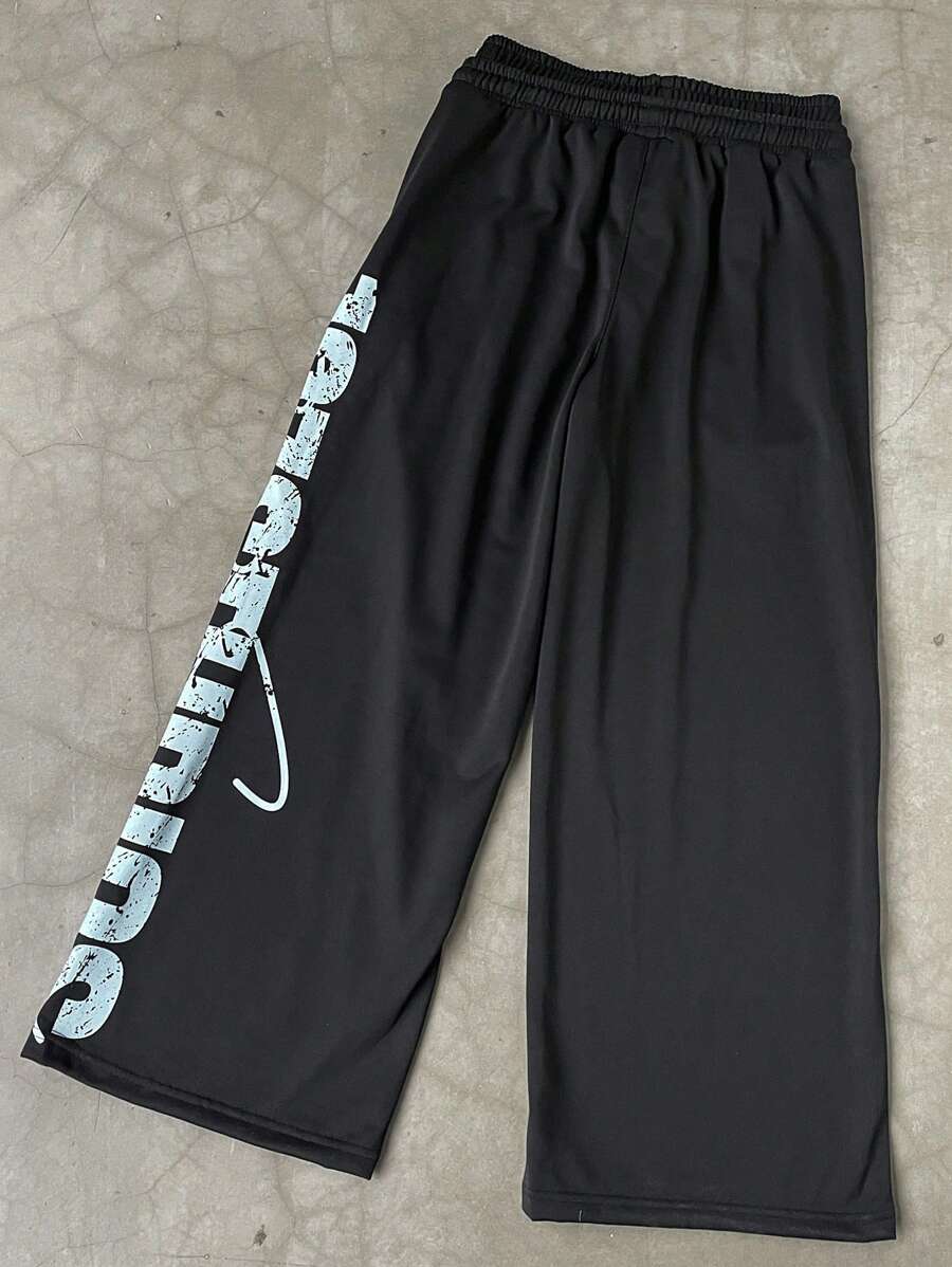 Manfinity EMRG Men's Casual Loose Pants With Front Lacing & Letter Graphic Print, Minimalist ...