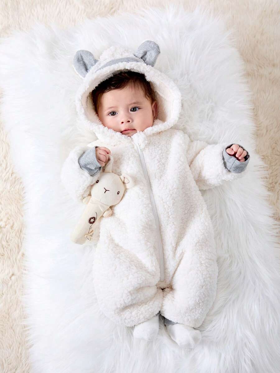SHEIN Newborn Baby Girl Winter Cute & Warm Furry Hooded Romper | SHEIN UK
