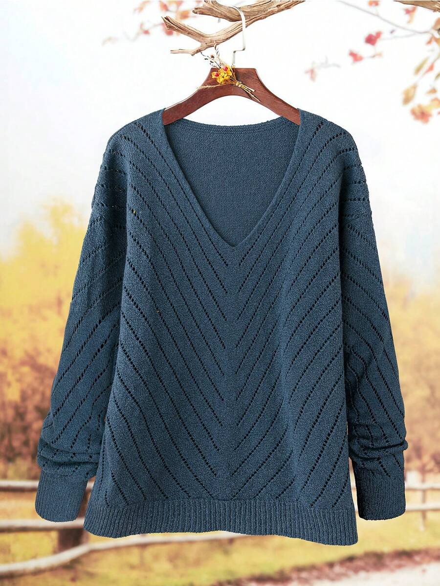 SHEIN LUNE Plus Size Women Solid Color V-Neck Hollow-Out Long Sleeve ...