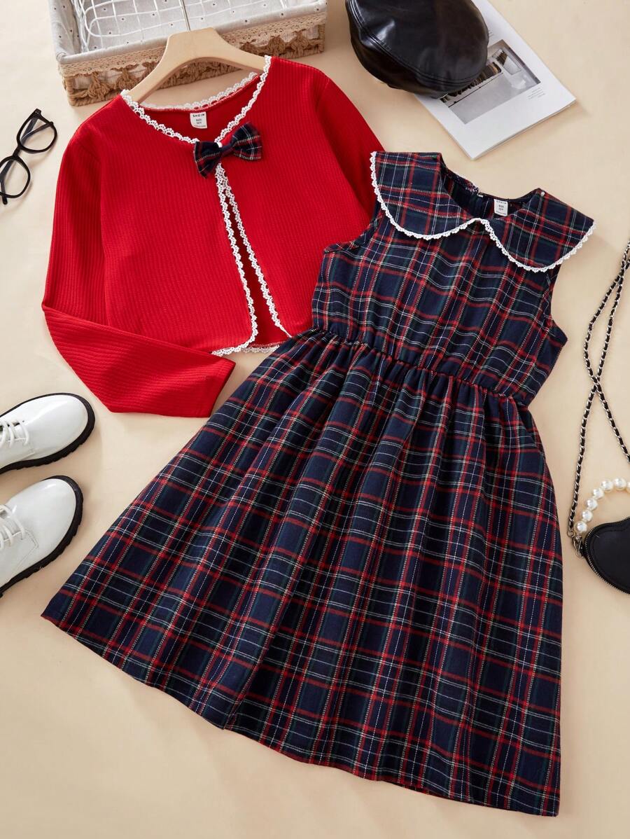 SHEIN 2 Stücke Set mit Weihnachtsschleife, rotem Hemd und kariertem Peter-Pan-Kragen, rotem ...