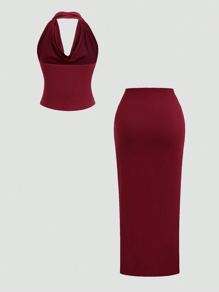 Sweetra Plunge Neck Backless Halter Top And Slit Side Skirt Set | SHEIN ...