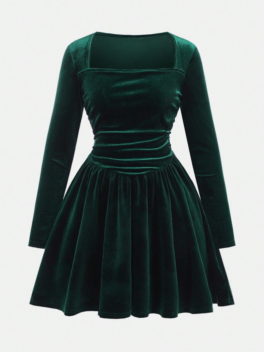 Teen Girls Green Velvet Ruffle Trim Lantern Sleeve Mini Dress, Fashion ...