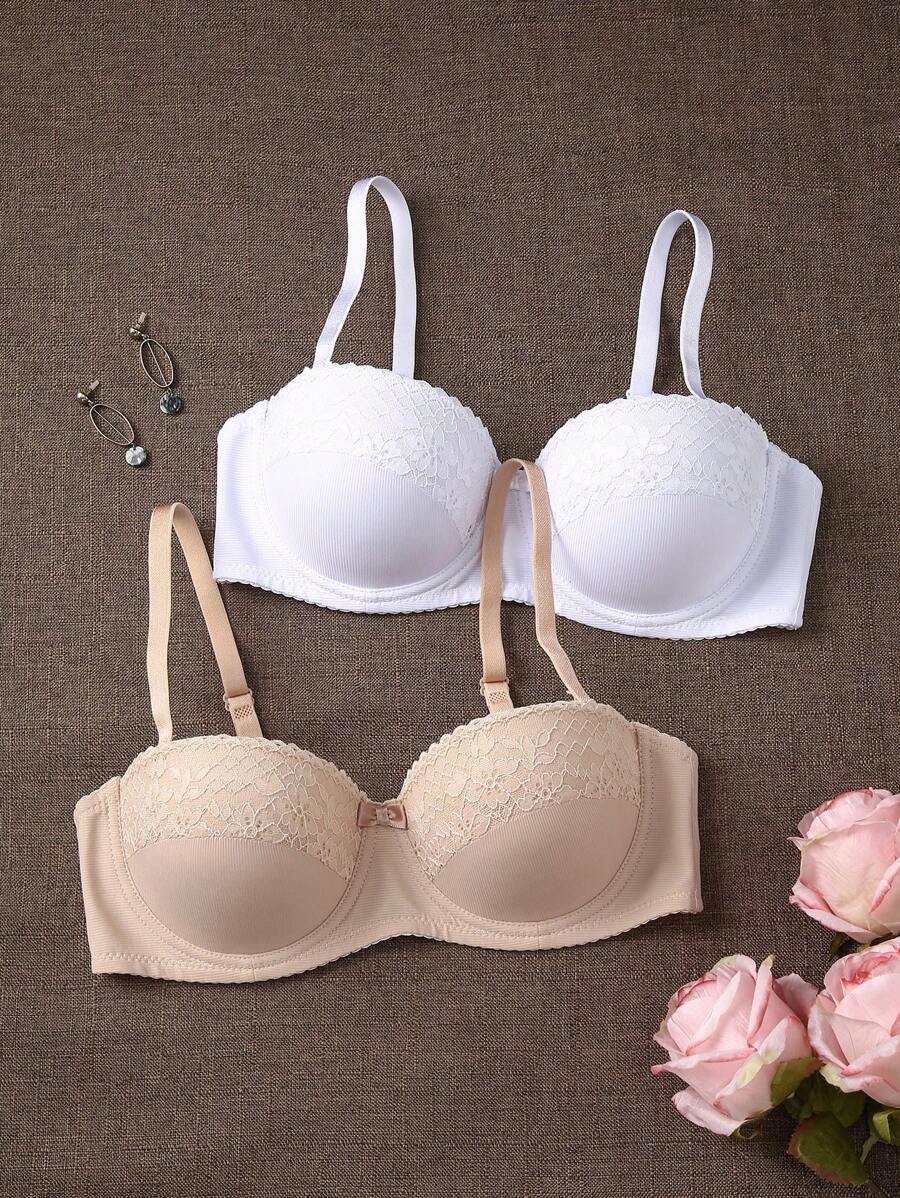 2pcs Set Sexy Romantic Lace Patchwork Solid Color Supportive Underwire Bra For Women | SHEIN UK