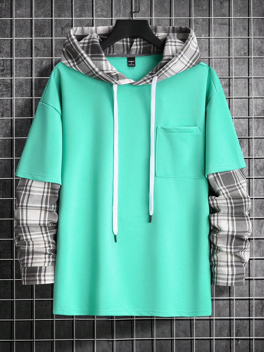 Manfinity Homme Loose Fit Men's Plaid Patched Pocket Drop Shoulder Drawstring 2-In-1 Hoodie ...