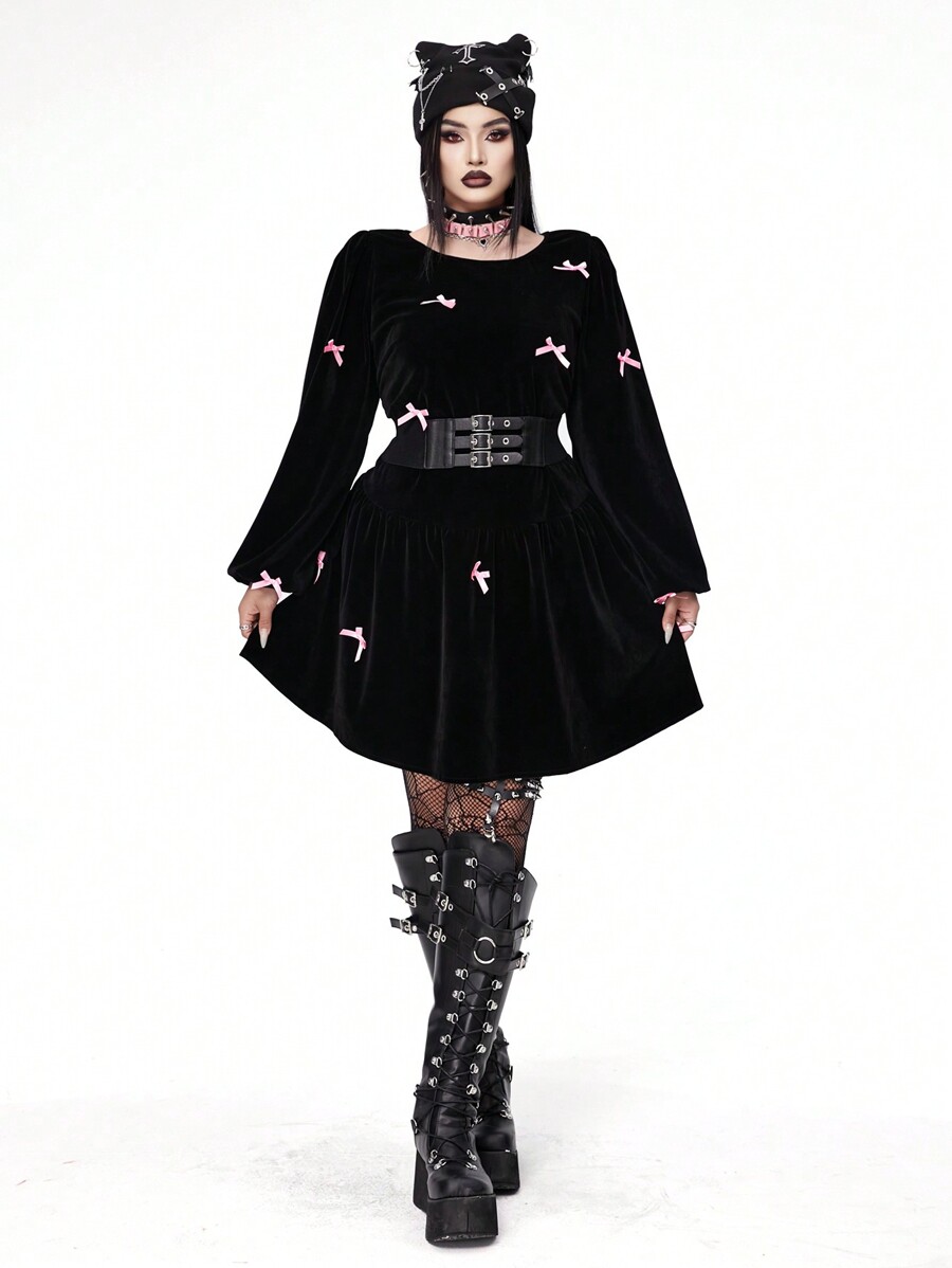 SHEIN Whyspr Round Neck Bow Velvet Loose Long Sleeve Dress Goth Women ...