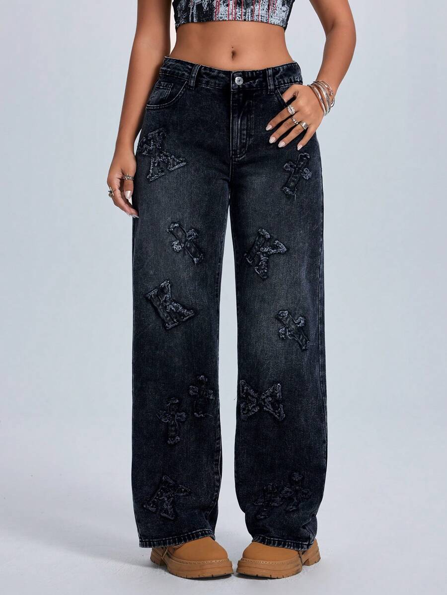 Jeanoix Mid-Waist Non-Stretch Letter Applique Women Denim Jeans Baggy ...