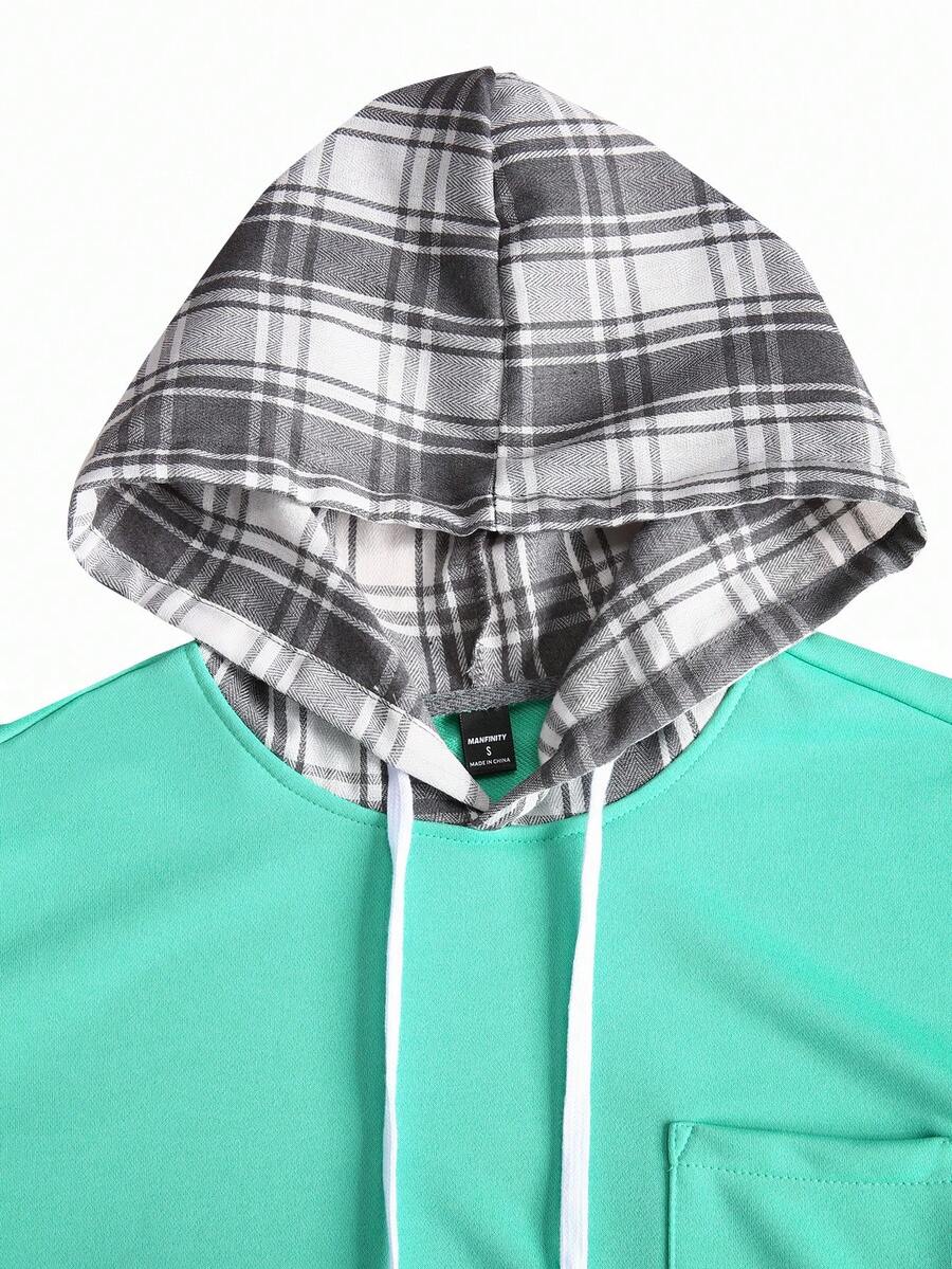 Manfinity Homme Loose Fit Men's Plaid Patched Pocket Drop Shoulder Drawstring 2-In-1 Hoodie ...