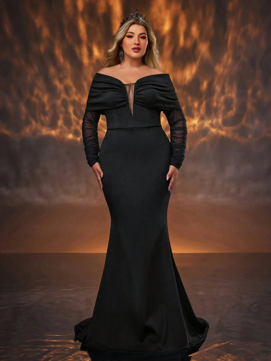 Glamrae Plus Size Elegant Black Bowknot Off Shoulder Sheer Long Sleeve ...