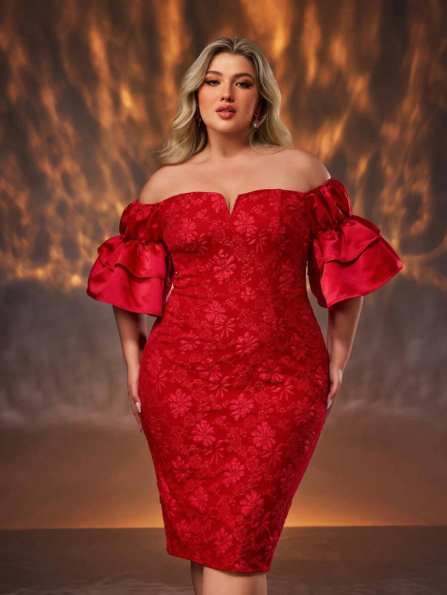 Glamrae Plus Size Off-Shoulder Ruffle Sleeve Elegant Cocktail Party ...