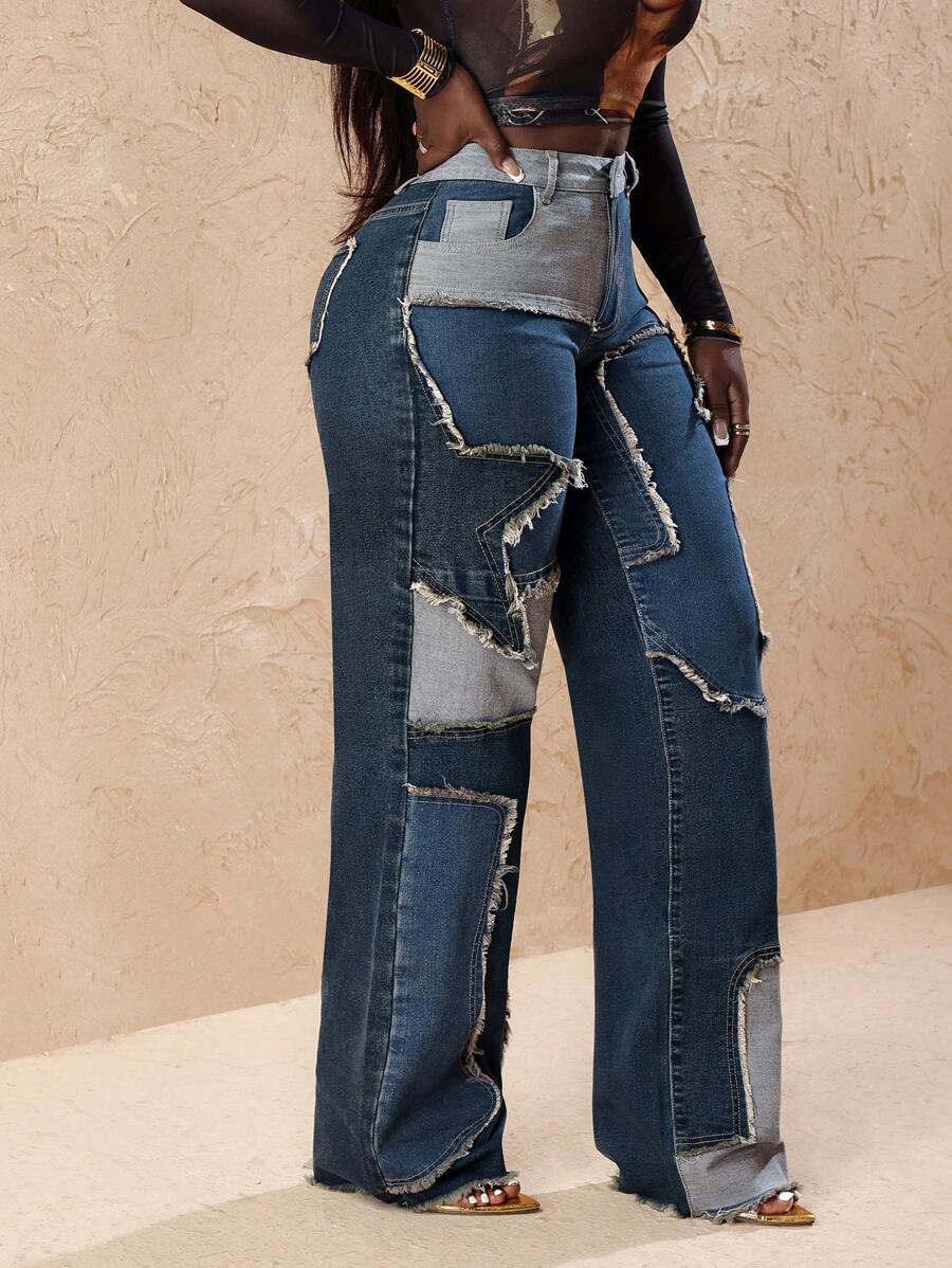 Slaydiva Women's Patchwork Star Frayed Wide Leg Loose Denim Jeans ...