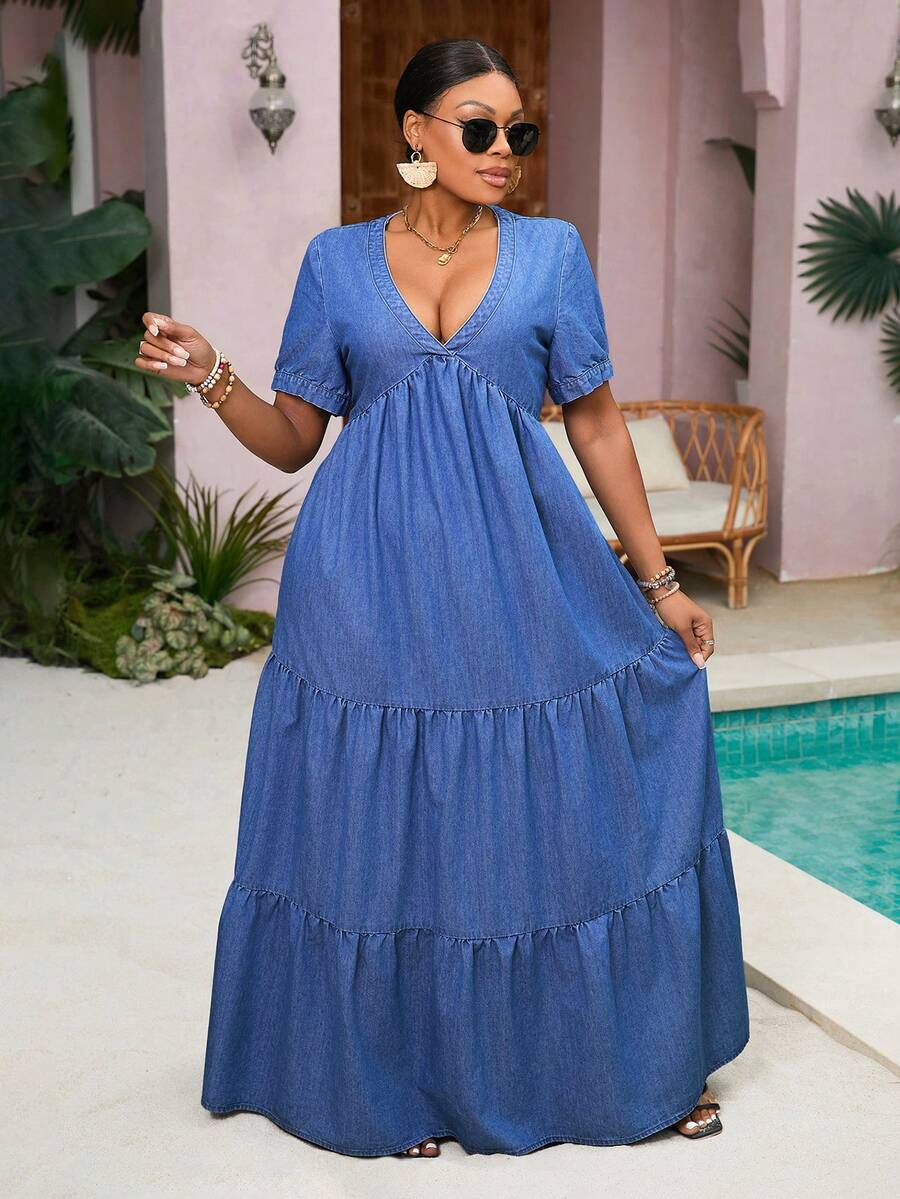 SHEIN VCAY Plus Size Denim Mini Dress With Sexy Short Sleeves And V-Neck, Loose Fit, Blue ...