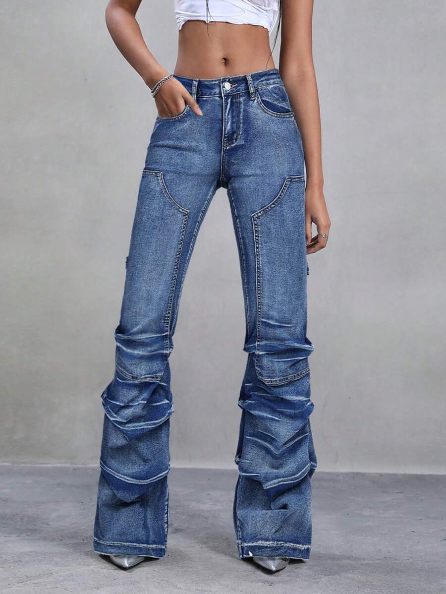 SHEIN ICON Casual Distressed Ruched Slim Fit Flare Leg Jeans Skinny ...