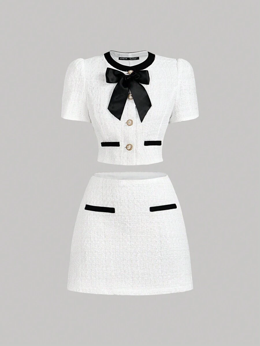 SHEIN MOD Women's Retro Elegant Tweed Color Block Bowknot Neck Short ...