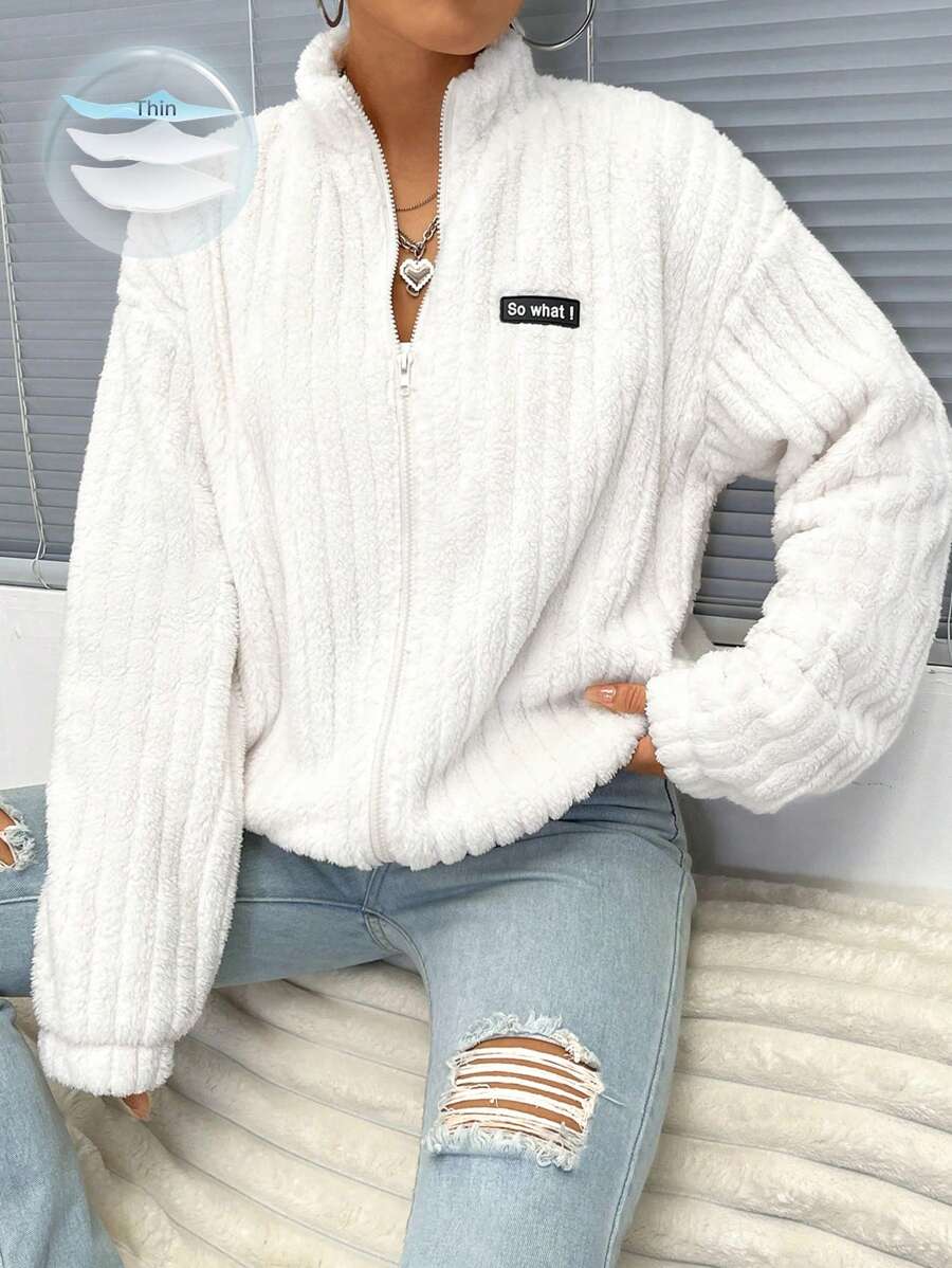 Flirla Letter Patched Drop Shoulder Teddy Jacket | SHEIN USA